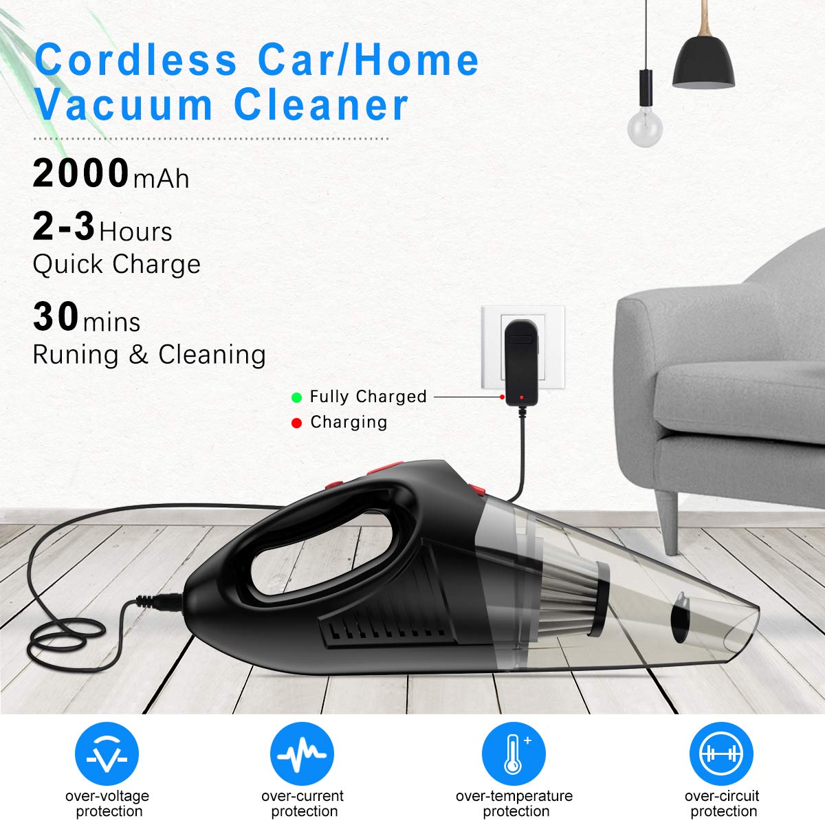 Hand Vacuum Cordless, Handheld Vacuum Cleaner Rechargeable with Strong Suction for Home and Car Cleaning