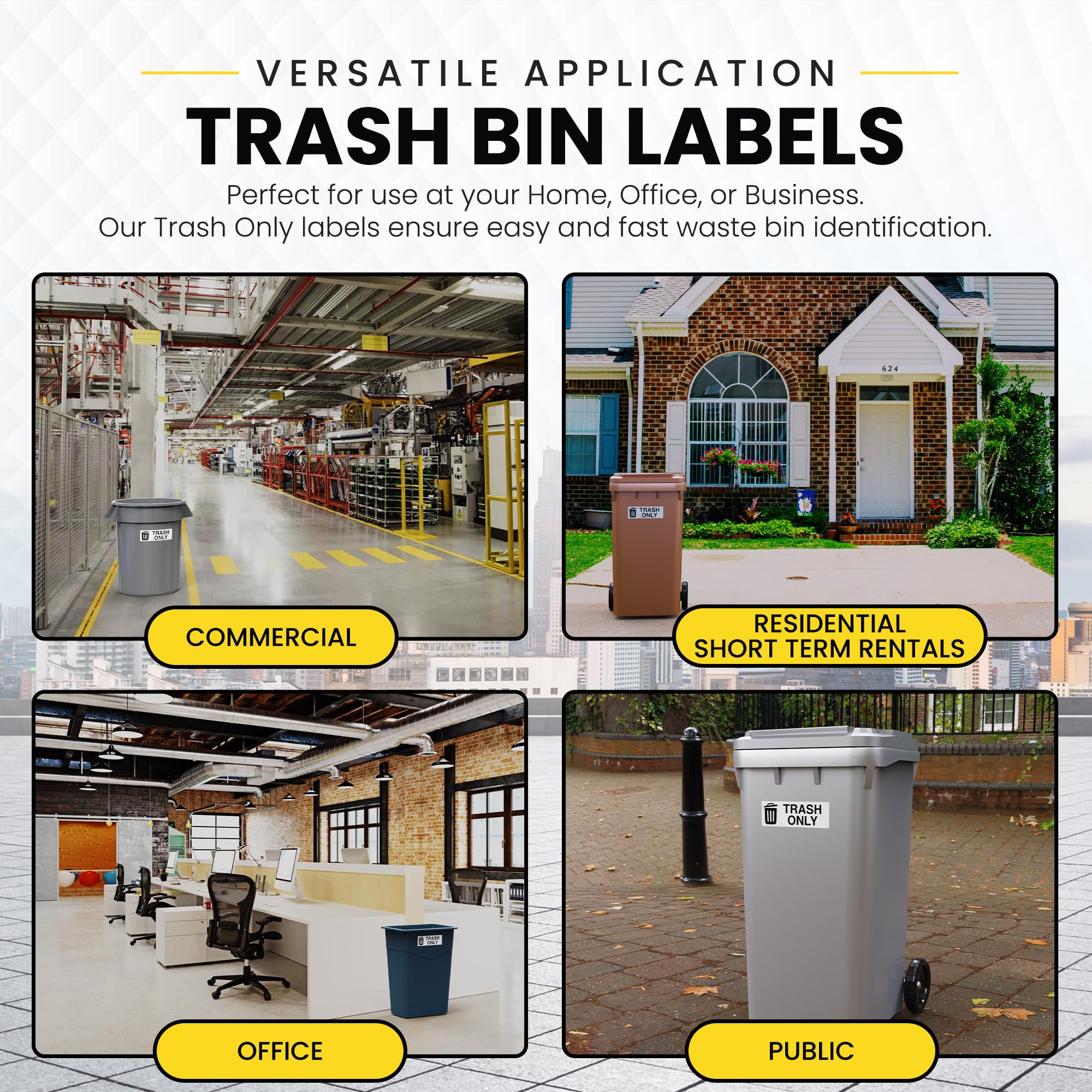 Trash Sticker for Outdoor Trash Can, Garbage Can - 3-5 Year Indoor/Outdoor Rated - Heavy Duty, Weather Proof, Ultra Durable - USA Made (6x2 inch), 4 Labels