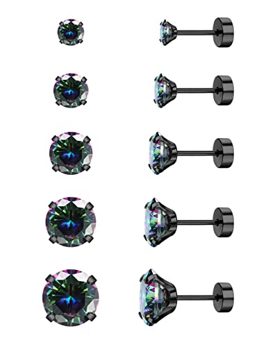 Jstyle Screw Back Stud Earrings Set 20G Surgical Steel Cubic Zirconia Cartilage Piercing Jewelry for Women Men Sensitive Ears CZ Tragus Helix Flat Back Earrings Stud Rainbow