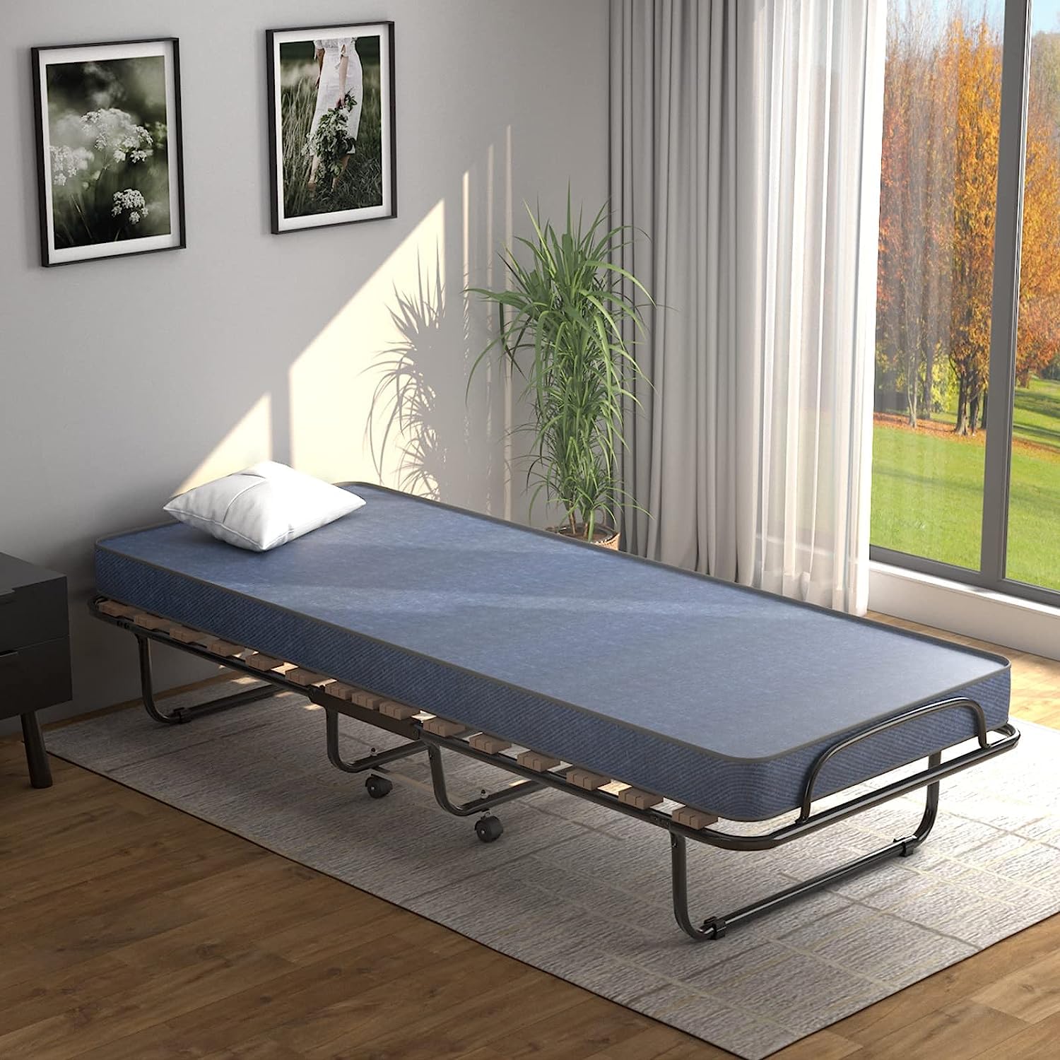 HAPPYGRILL Fold Away Bed, Fold Up Bed with Comfortable Memory Foam Mattress, 4 Universal Wheels, Sturdy Steel Frame,Potable Fold Up Bed for Home & Office, Folding Bed