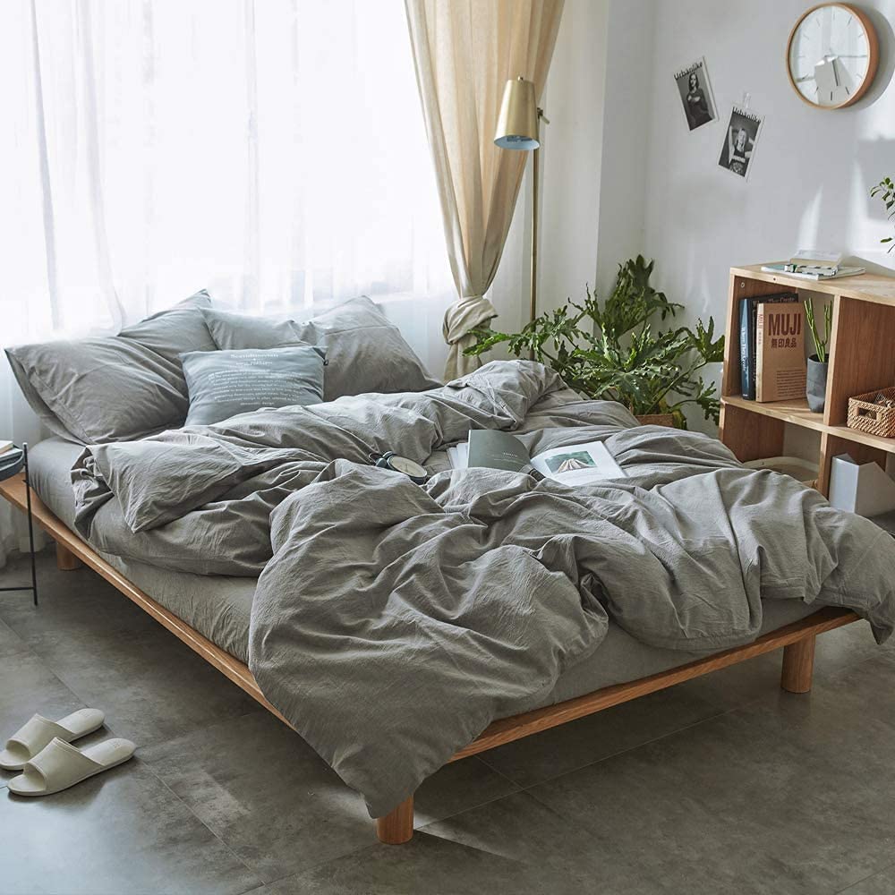 Grey Duvet Cover King, 100% Washed Cotton Linen Like Textured 3 Pieces Grey Bedding Set, Solid Color Simple Style Duvet Cover, Luxury Relaxed Feel Natural Wrinkled Breathable Soft Comfy (Grey, King)