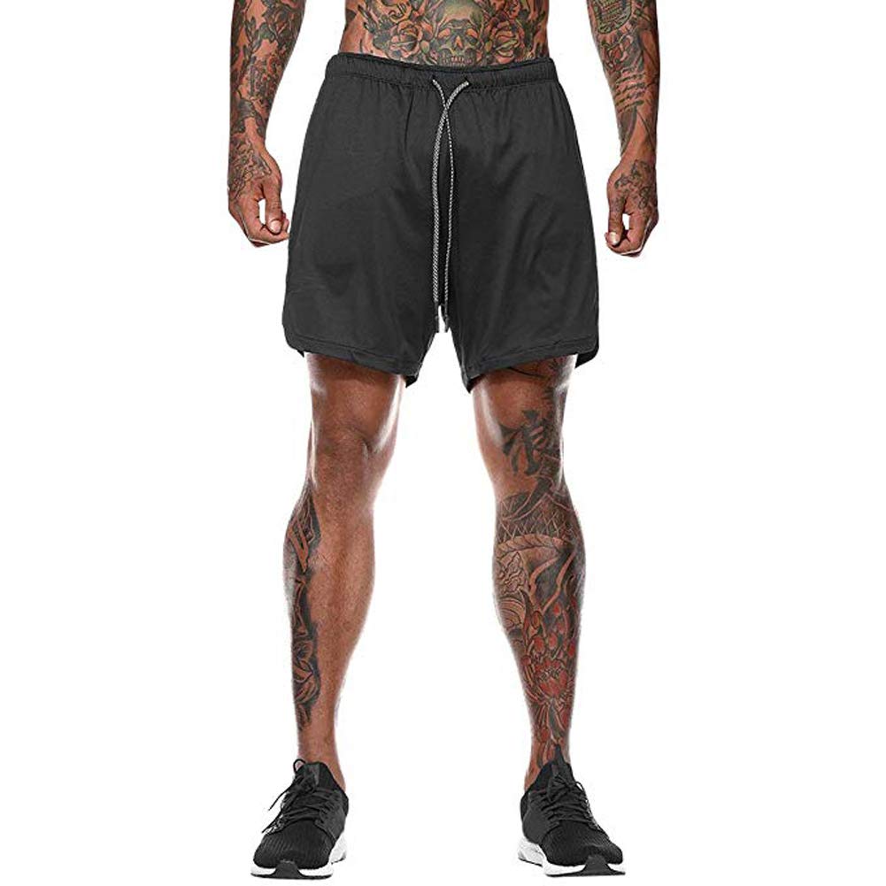 HANERDUN Men 2 in 1 Workout Running Athletic Shorts Sport Pants with Pocket Black
