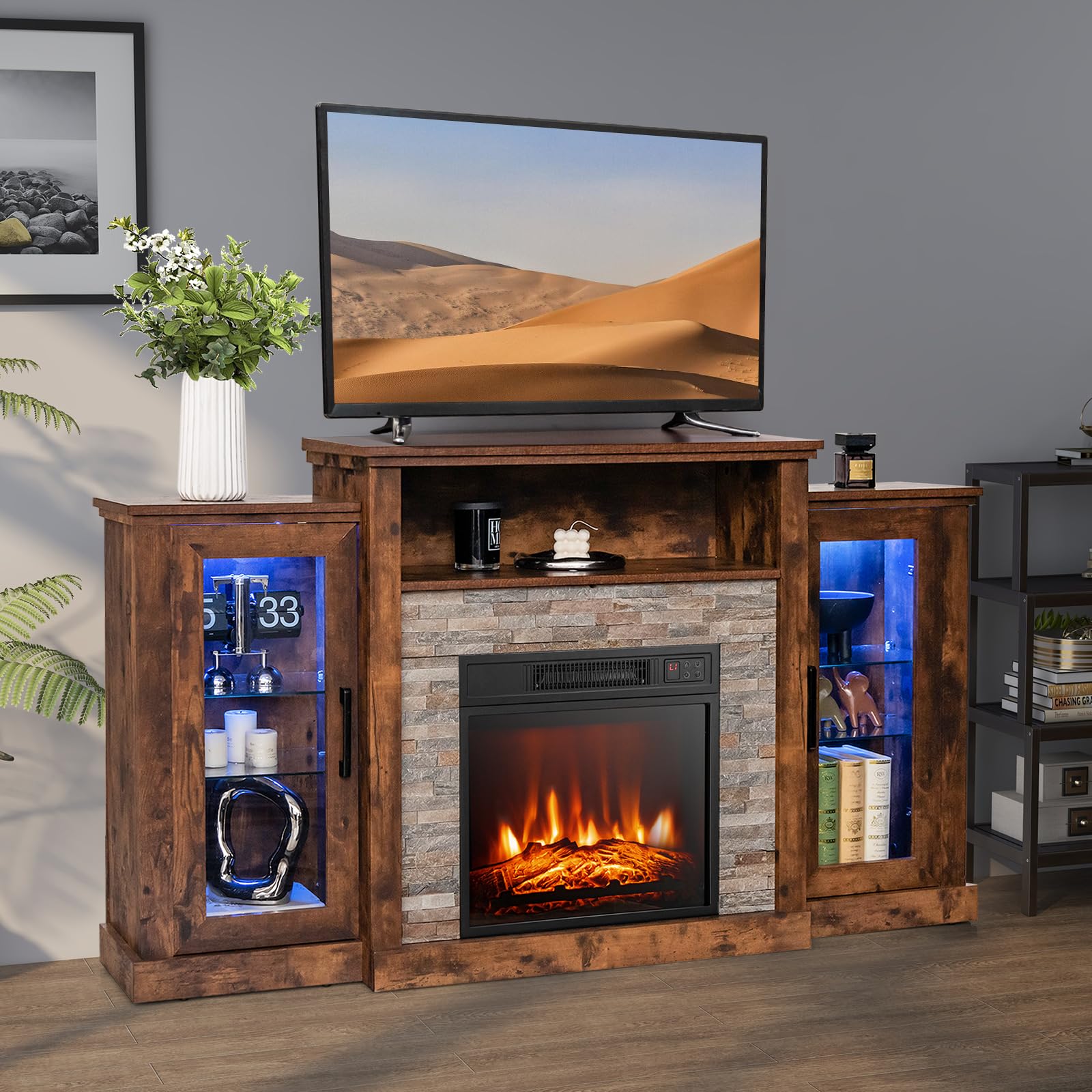 GOFLAME Fireplace TV Stand with LED Lights for TV up to 65β, Entertainment Center with 18β Electric Fireplace, Remote & APP Control, TV Console with Adjustable Glass Shelves (Brown)