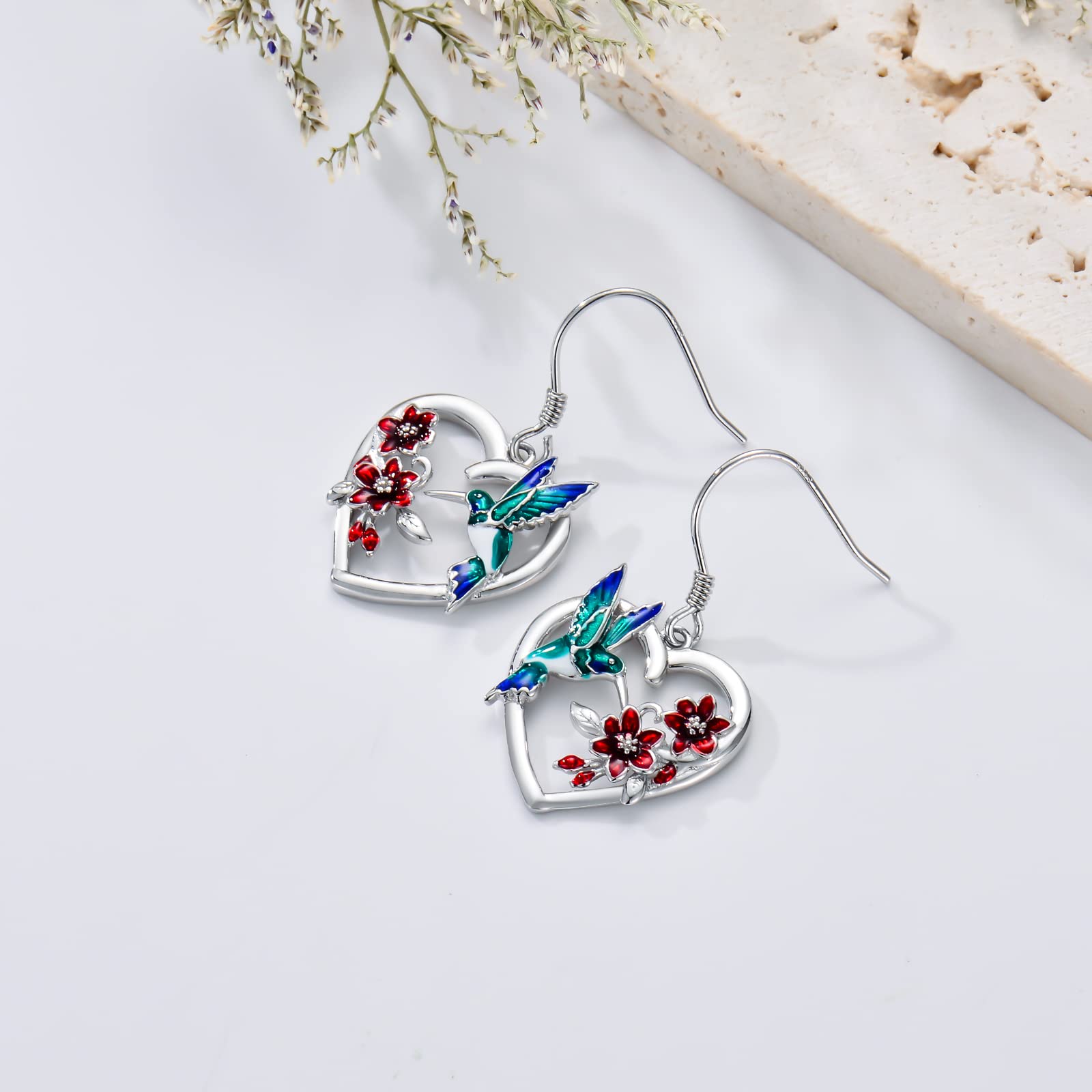 LONAGO Hummingbird Earrings for Women Sterling Silver Hummingbirds Heart Dangle Earring Gift for Women