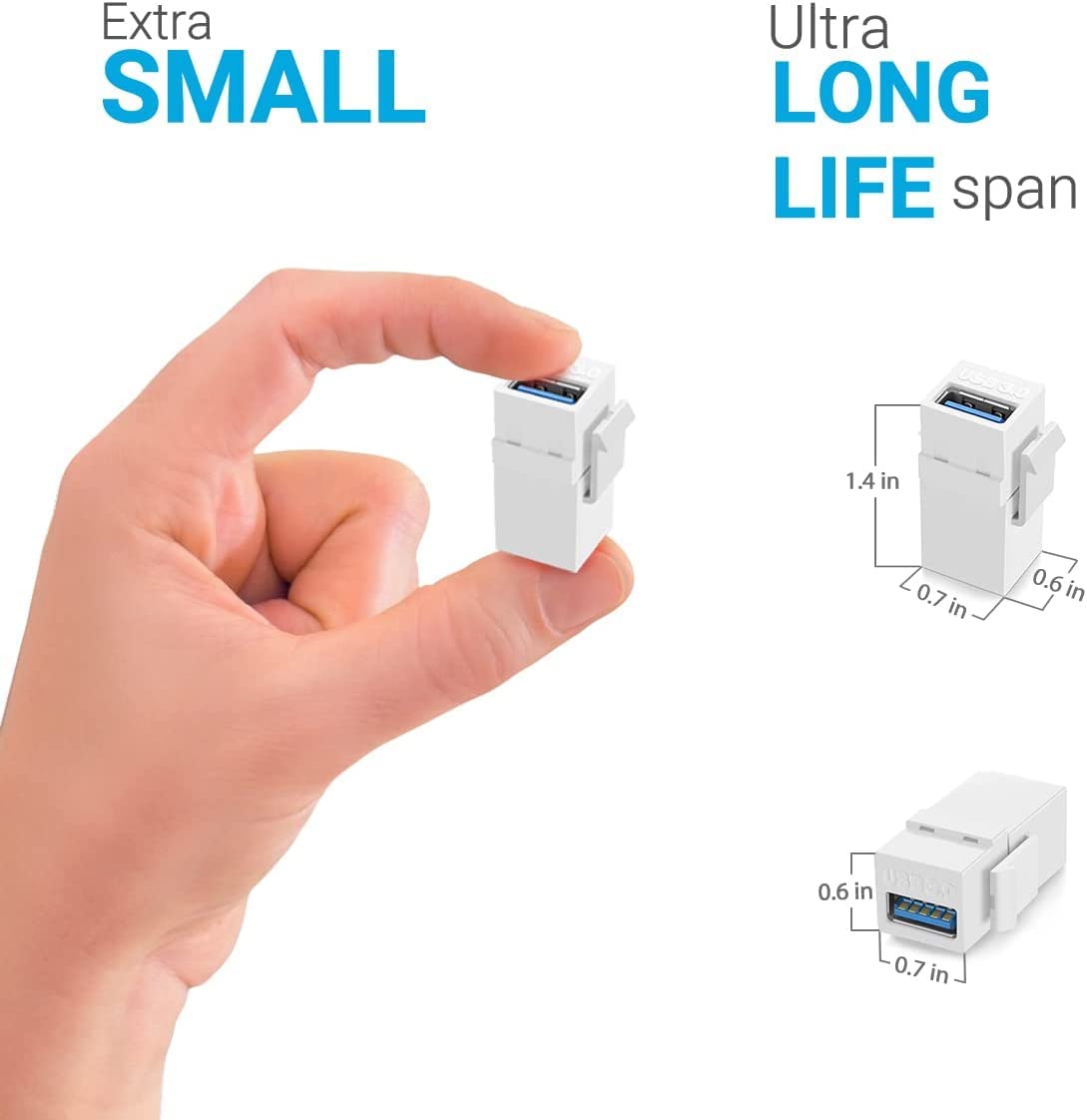Luventg 3 Pack USB 3.0 Jack Inserts,USB to USB Adapters Female to Female Connector ,Female Coupler Insert Snap-in Connector Socket Adapter Port for Wall Plate Outlet Panel - White (White - 3 Pack)