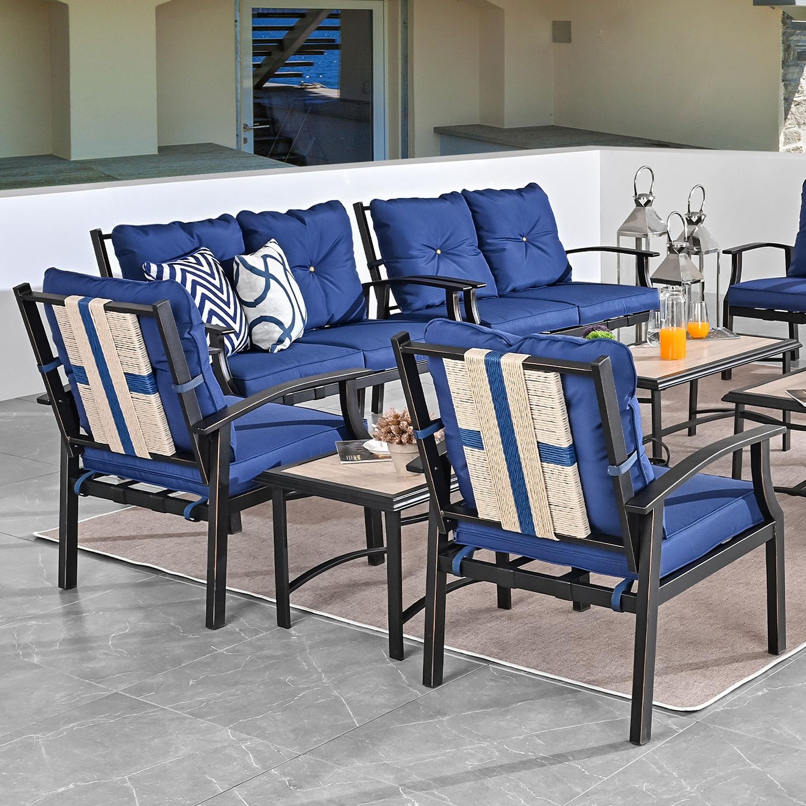 PatioFestival 3 Pieces Patio Bistro Set Outdoor Furniture Set with Coffee Table Patio Single Chairs with Cushion,for Poolside, Garden, Balcony(Bule)