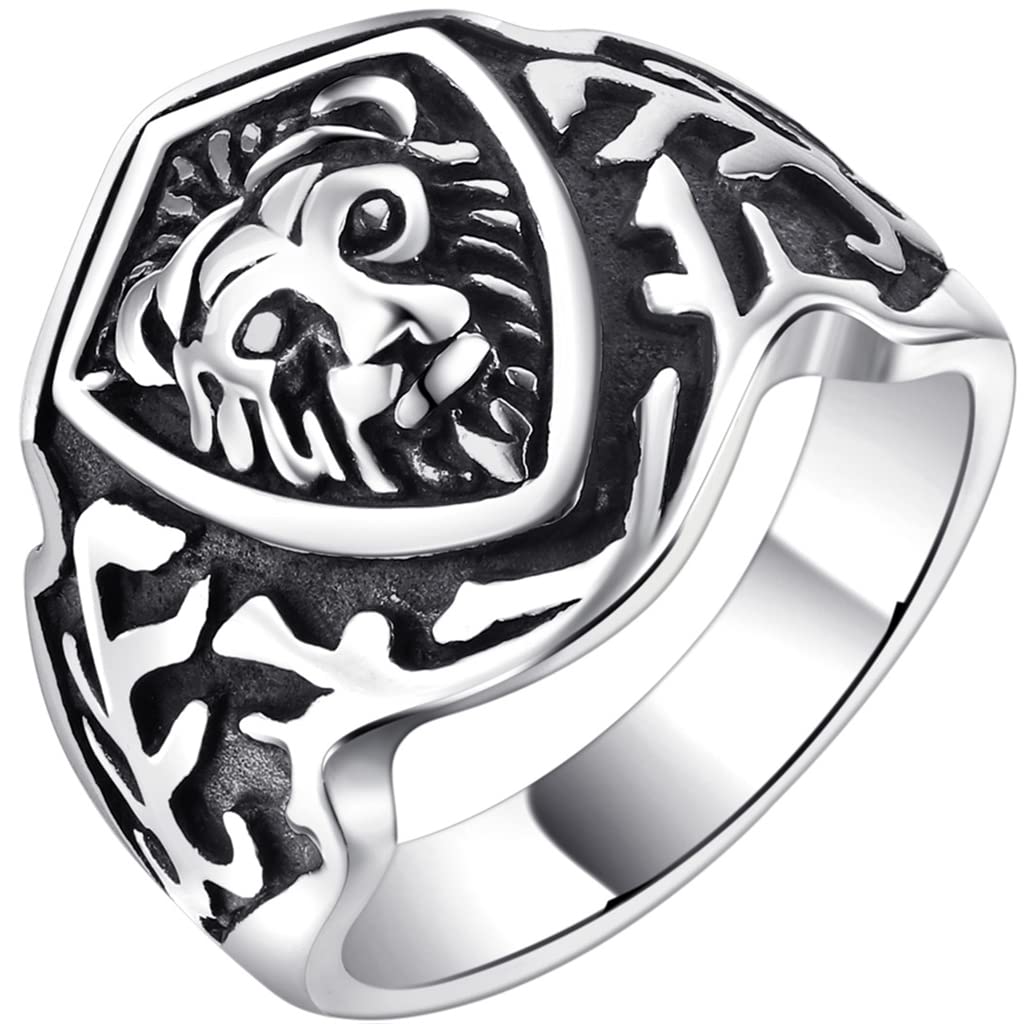 Jude Jewelers Retro Vintage Stainless Steel Medieval Shield Lion Style Biker Party Ring (Silver, 9)