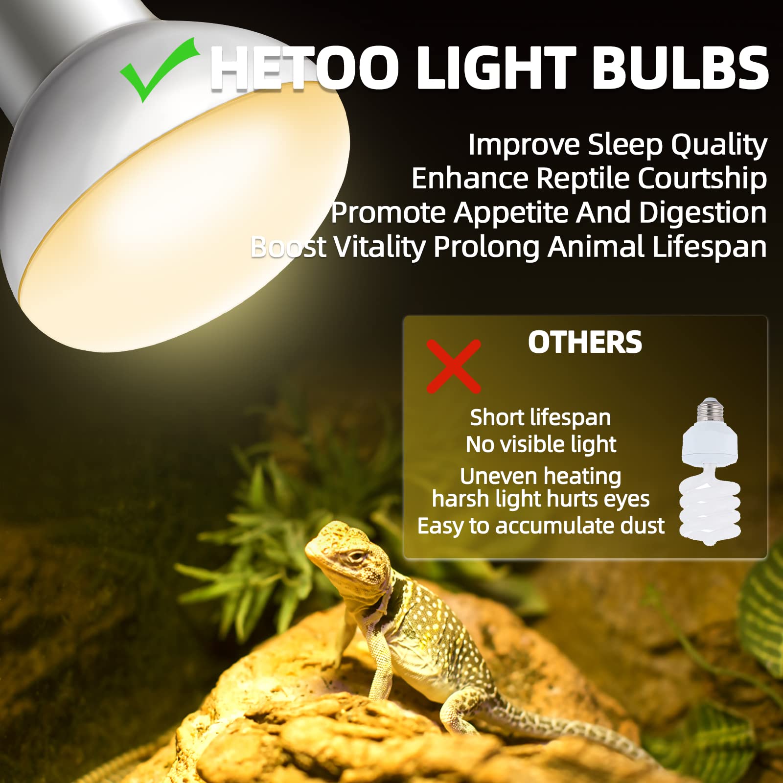 HETOO (Red/White Random Color Heat Lamp, Reptile Heat Lamp Bulbs, Full Spectrum Basking Spot Heat Light Bulbs for Reptiles & Amphibians Bearded Dragon Turtle Lizard Tank Accessories, E26 Base, 50W