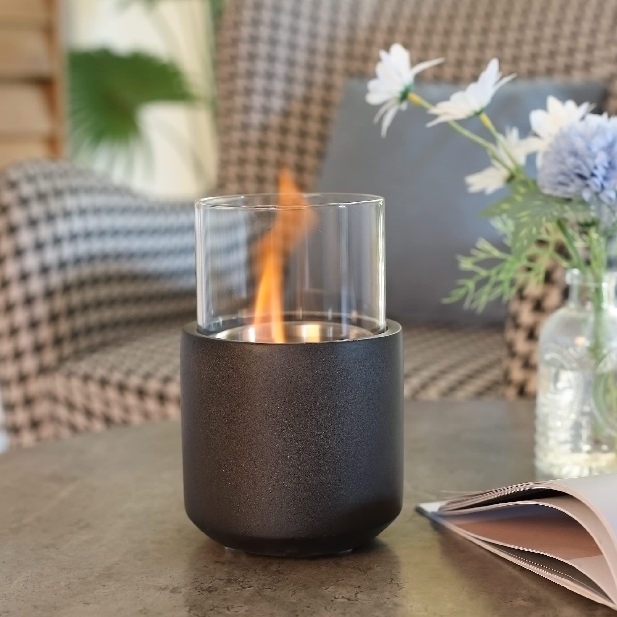 HOMCOM Tabletop Fireplace, Mini Concrete Ethanol Fire Bowl with Lid, Burns up with Liquid Alcohol and Solid Tablet Alcohol, Dark Grey