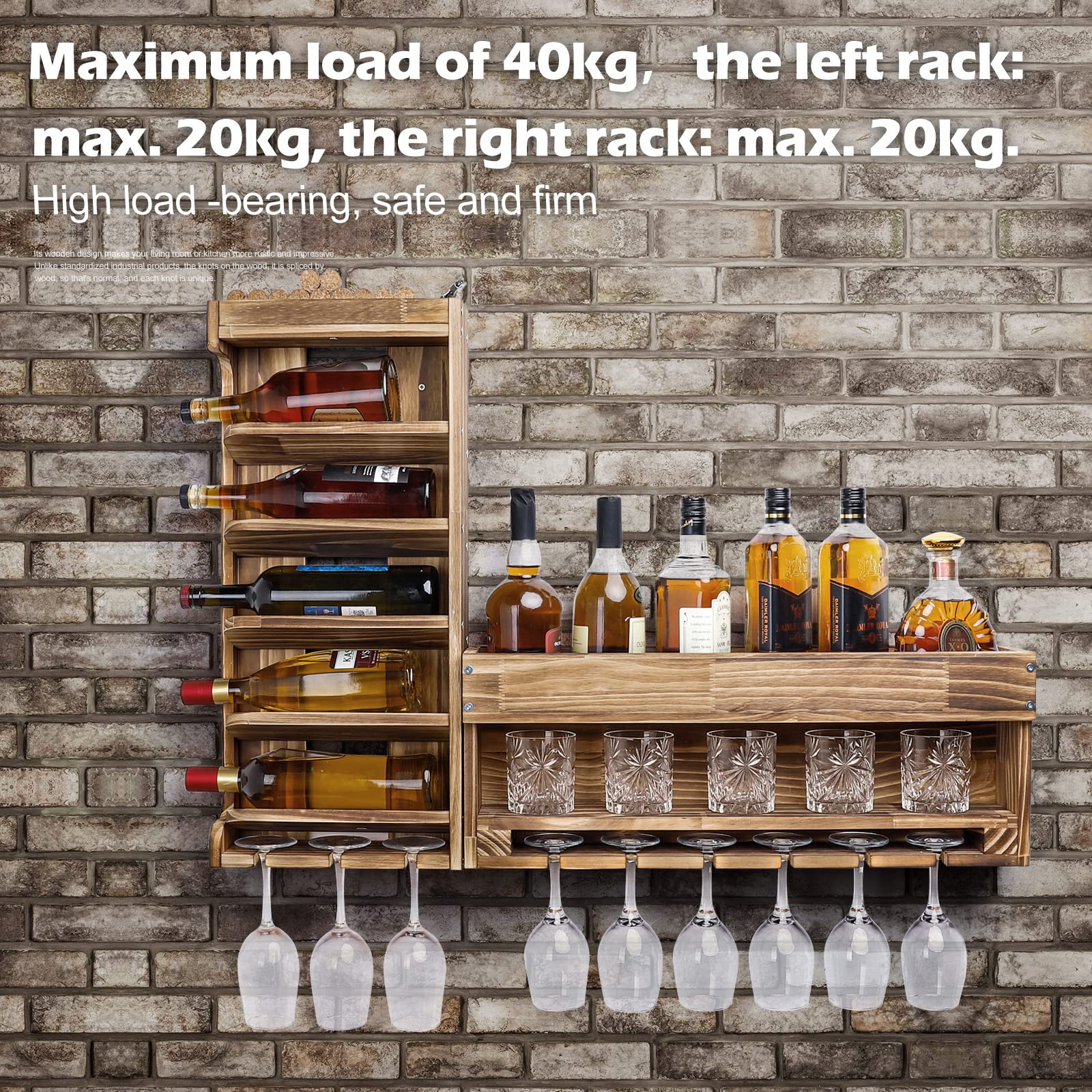 Homde Wine Rack Wall Mounted Wood Wine Shelf with Bottle Stemware Glass Holder Rustic Wine Display Storage Rack