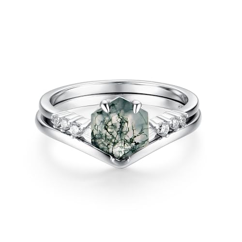 ITI KUOLOLIT 1.5ct Natural Moss Agate Ring Sterling Silver Hexagon Shaped Engagement Ring Green Agate Promise Wedding Rings for Women (Moss Agate-White, 8)
