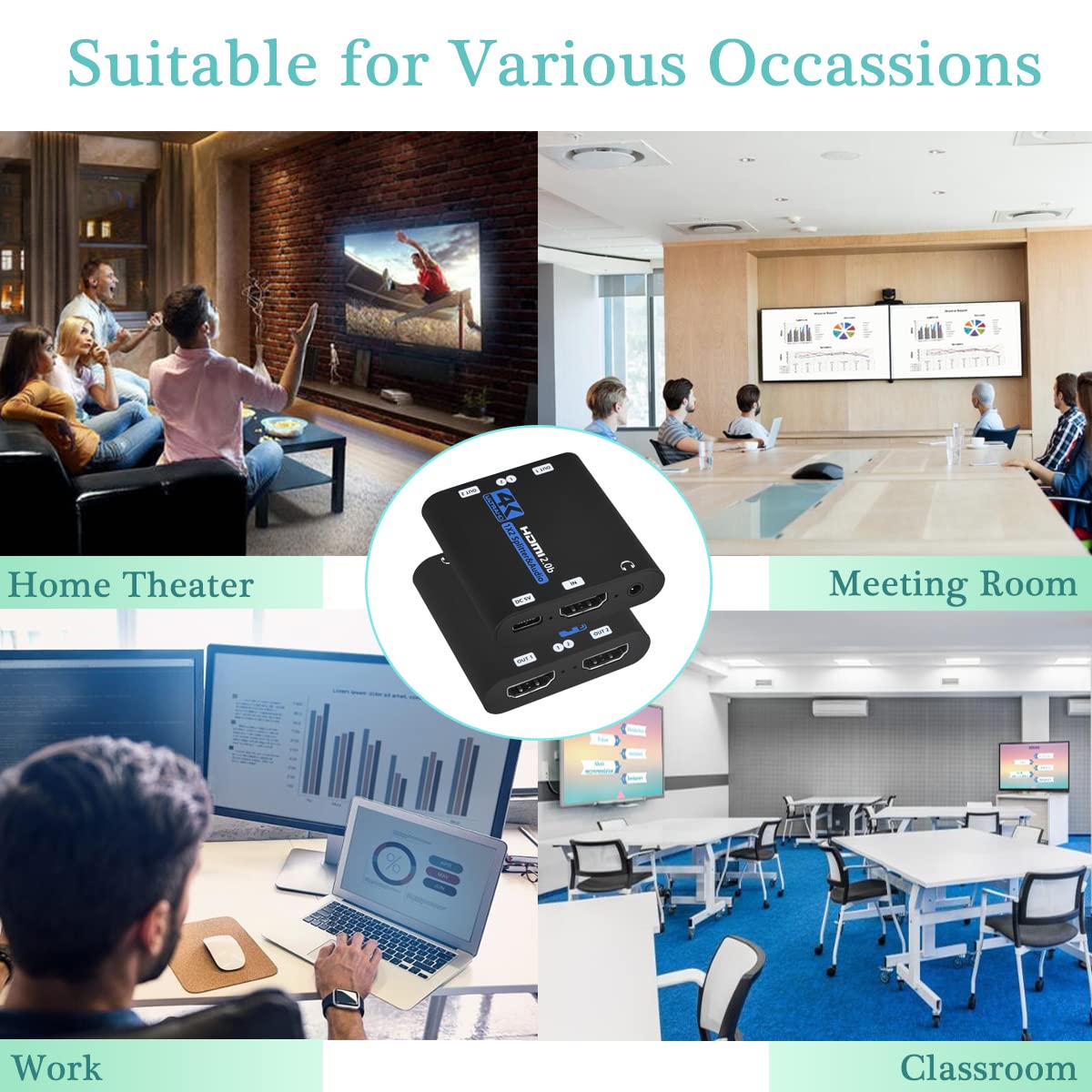HDMI Splitter 1x2 with Audio Extractor, 1 in 2 Out Audio Video Distributor Box, HDMI 2.0b, HDCP 2.2, HDR, Support 4K@60Hz Ultra HD 3D for PS4, Xbox, STB, Blu-ray DVD Players Etc (Blue)