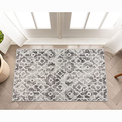 Wonnitar Moroccan Washable Area Rug - Small 2x3 Grey Distressed Entryway Rug Non-Slip Doormat Modern Geometric Trellis Throw Rug Faux Wool Floor Carpet for Bathroom Laundry Room Indoor Office