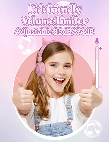 SIMJAR Dinosaur & Cat Ear Kids Headphones with Microphone for School, Volume Limiter 85/94dB, Wired Girls Headphones with Foldable Design for Online Learning/Travel/Tablet/iPad