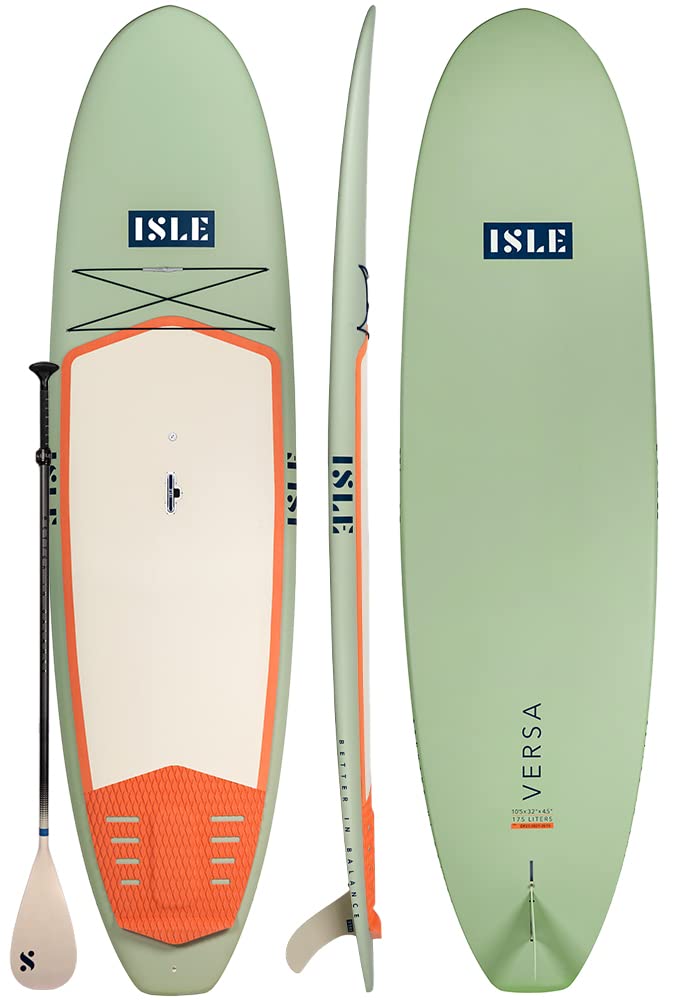 ISLE Versa Rigid Stand Up Paddle Board & SUP Bundle Accessory Pack — Hard Board Lightweight Epoxy SUP — 215 Pound Capacity, 11’2” Long x 33" Wide x 5 3/16” Thick (Seafoam/Peach)
