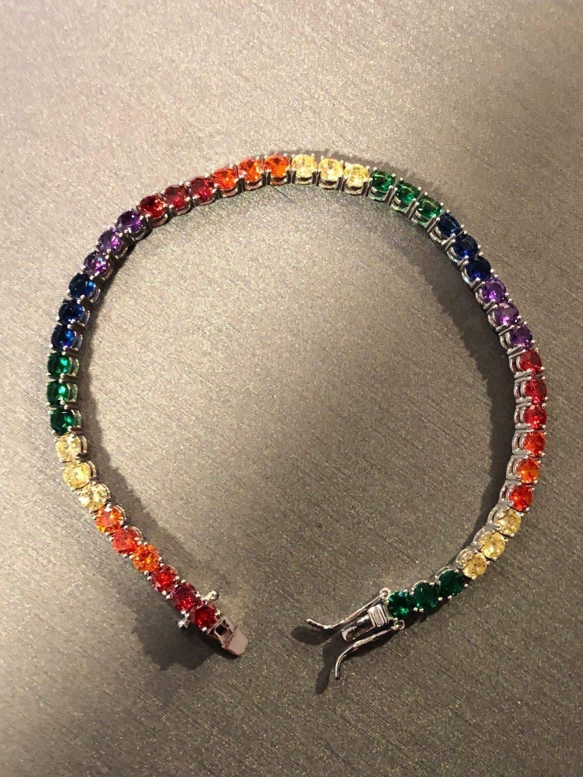 HarlemBling Real Solid 925 Sterling Silver Mens Or Womens Multi Colored Tennis Bracelet - 4mm Rainbow CZ - 6-9" (7.5)