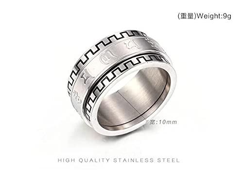 JAJAFOOK 10mm 316L Stainless Steel Tibetan Buddhist Mantra Scriptures Om Mani Padme Hum Spinning Band Ring,Silver 6