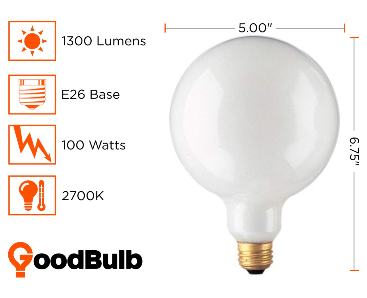 GoodBulb 1OO Watt G40 Globe Light Bulbs | Frosted Finish Medium E26 Base 2700K Warm White Light | Dimmable 1OOW 1300 Lumens | Ideal Vanity Light Bulbs | Pack of 10 Bulbs