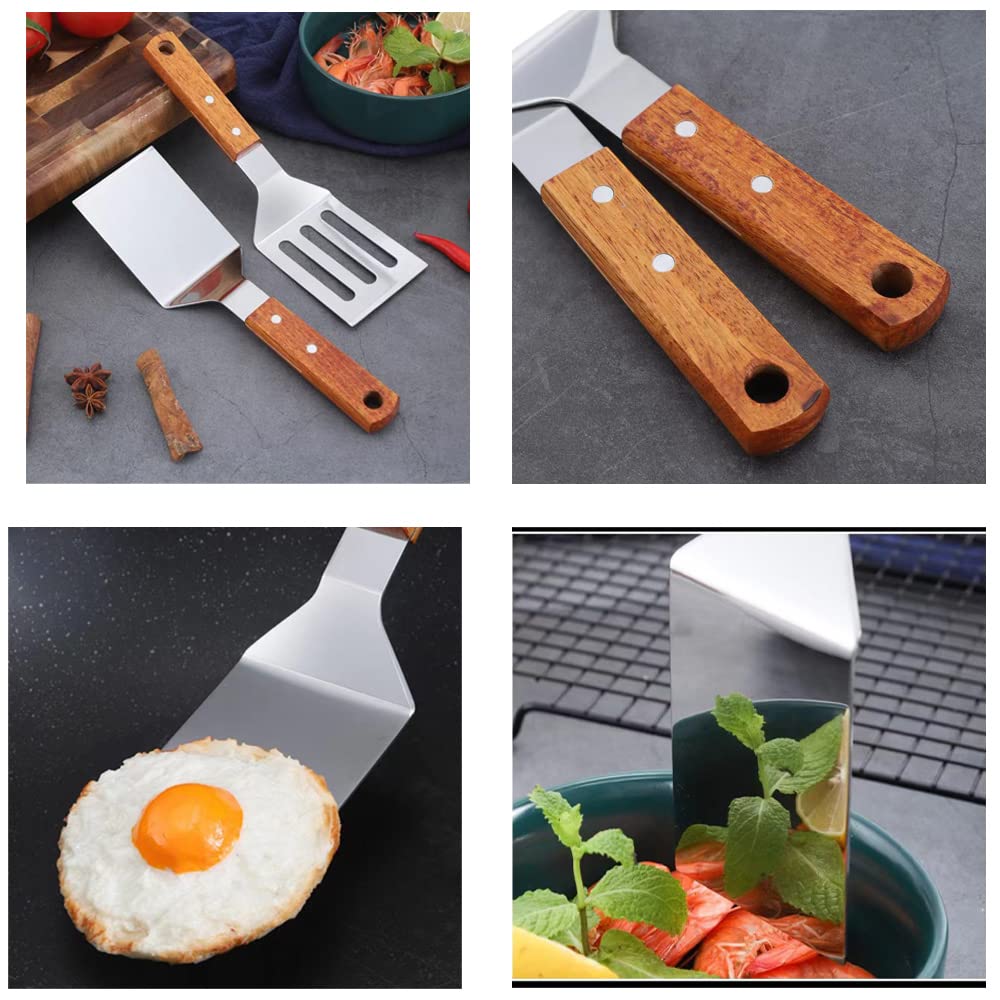 KLAQQED 2 PCS Metal Spatula for Cast Iron Skillet, Stainless Steel Grill Spatula Slotted Spatula Turner Fish Spatula with Wood Handle, Flat Top Grill Spatula, Griddle Metal Spatulas for Cooking BBQ