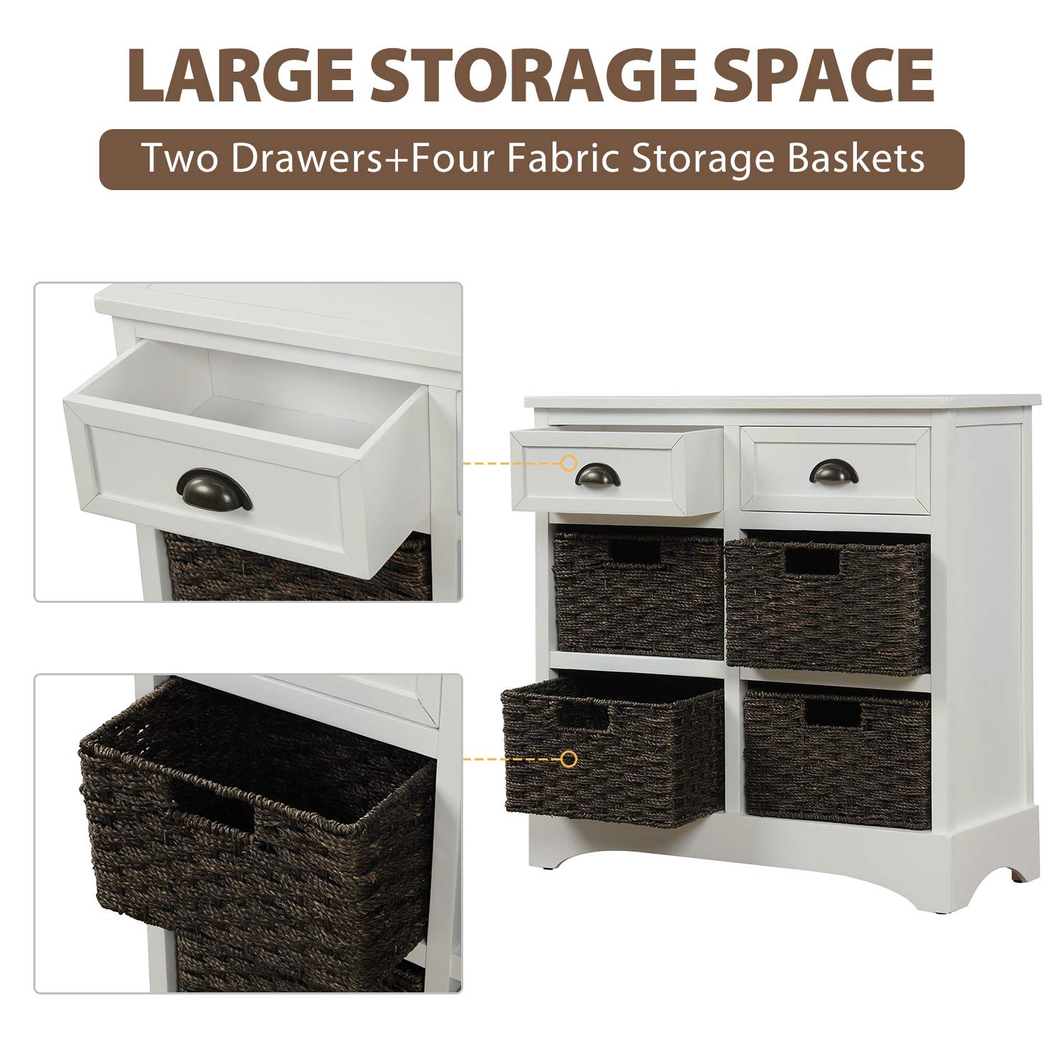 Harper & Bright Designs Storage Cabinet, Rustic Storage Cabinet with 2 Drawers and 4 Classic Fabric Basket, Sideboard for Entryway/Kitchen/Dining Room/Living Room, White