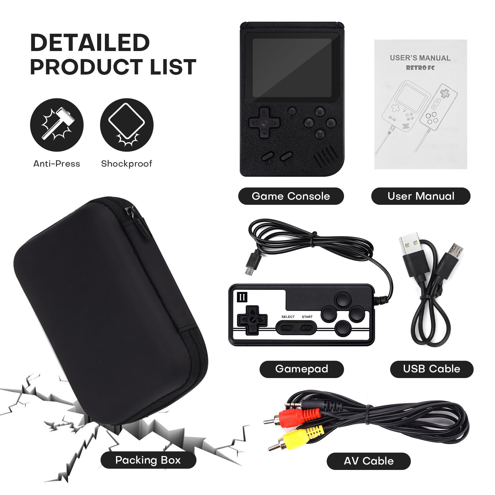 Handheld Game Console with Classical Retro Single and 2 Players, 3.0 Inch Gameboy Kids Screen Portable Retro Video Game Console Support TV Connection(400 Black Games)