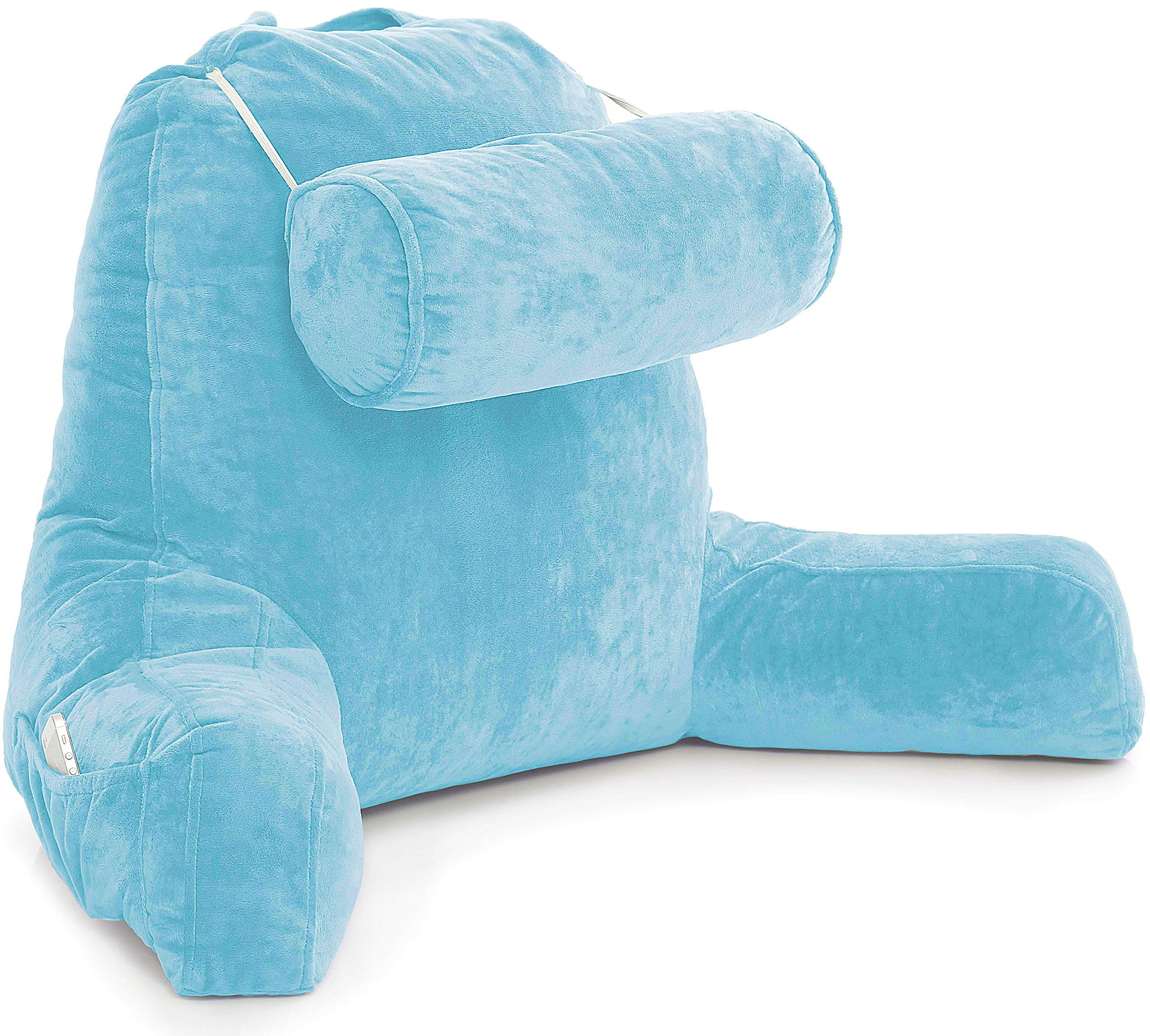 Husband Pillow Combo - Backrest Pillow with Arms : XXL Teal & Lap Desk Bed Tray : Grey - Memory Foam Reading Pillows for Bed w/Removable Neck Roll & Laptop Bed Tray Table