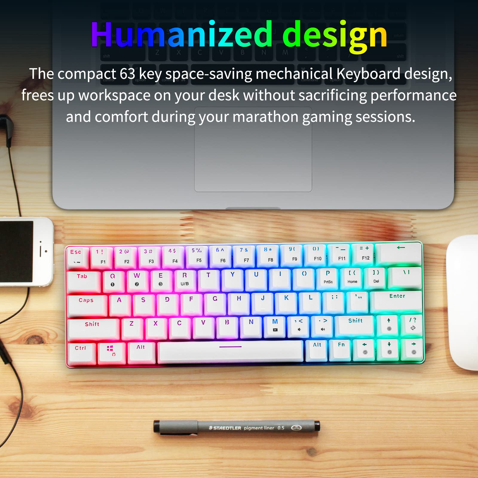 HUO JI Wireless Mechanical Gaming Keyboard, RGB Backlit, Bluetooth 5.0, Red Switches, CQ63 60% Compact 63 Keys Wired Keyboard for PC Tablet Laptop Cell Phone, White