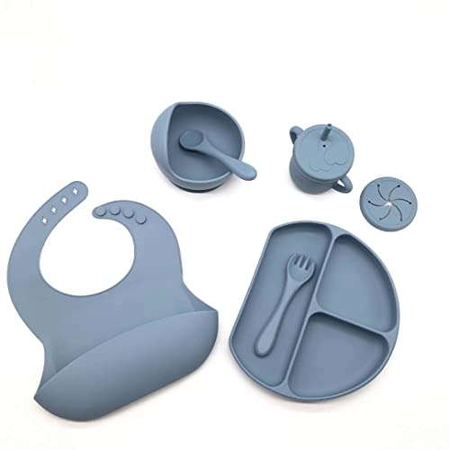 K-Universal Baby Feeding Bibs | 8pc Silicone Bibs for Babies | Bib Bowl Plate Cup Fork Spoon | Adjustable Divided Plate | Easily Wipe Clean | Less Cleaning Time After Toddler & Babies (Bubbly blue)
