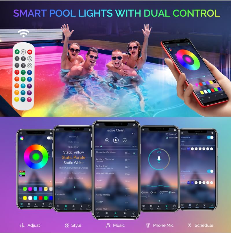 LOFTEK Pool Lights with APP Control, 10W RGB Underwater Submersible LED Lights with IP68 Waterproof, 16 Million Colors, Music Sync, 12V Smart Pool Lights for Inground Above Ground Pool, Hot tub