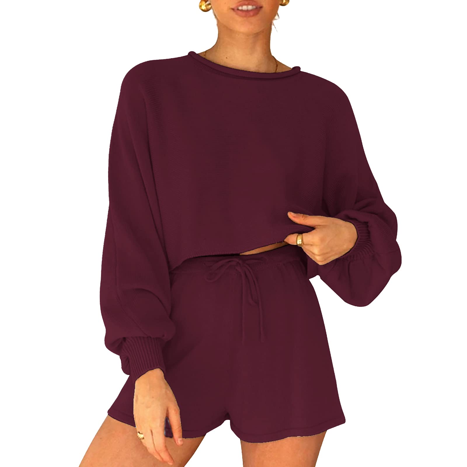 JNINTH Women's 2 Piece Knit Outfits Solid Pullover Sweater Puff Sleeve Crop Top and Shorts Sweatsuit Set (Black, L)