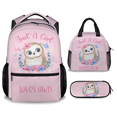 UNIKITTY Owl Backpack with LunchBox, Set of 3 School Backpacks Matching Combo, Cute Pink Bookbag and Pencil Case Bundle