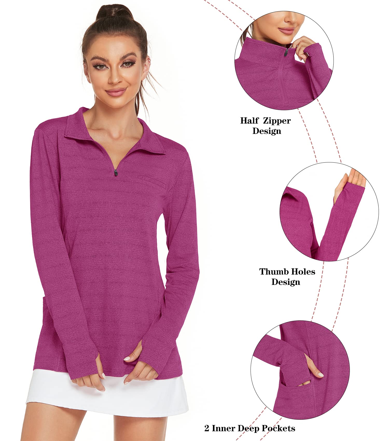 Loovoo Womens Long Sleeve 1/4 Zip Pullover Athletic Hiking Running Workout Tops Quick Dry Sun Protection Golf Polo Shirts Purple Red