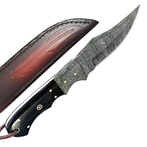 Handmade Damascus Hunting Knife with Sheath - Fixed Blade Hunting Knives for Men - Walnut Wood Handle Fixed Blade EDC Knife With Leather Sheath - Bushcraft Knives, Camping Knife Survival