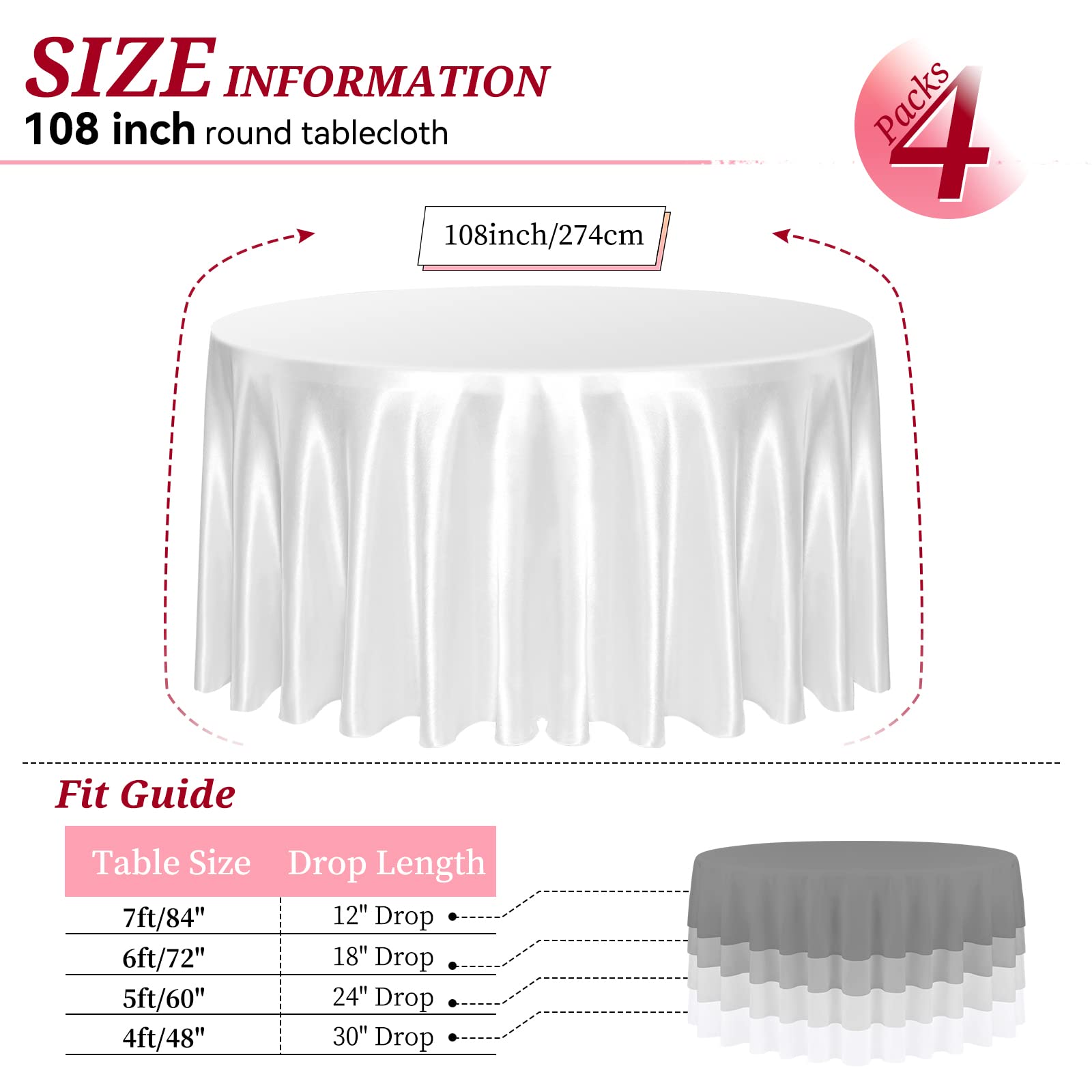 Lykoow 4 Packs Satin Tablecloth 108 Inch Round Silky White Satin Tablecloth 108inch Bright Tablecloth Smooth Fabric Table Decoration for Parties Holiday Wedding Birthday Banquet