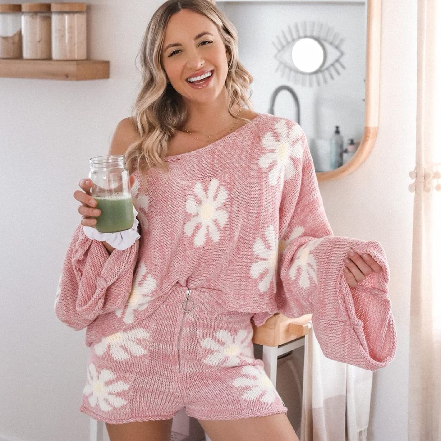HEZIOWYUN Women 2 Piece Sweater Set Off Shoulder Floral Knit Pullover Top and Zipper Knitted Shorts Suit Spring Outfits (Pink, M)