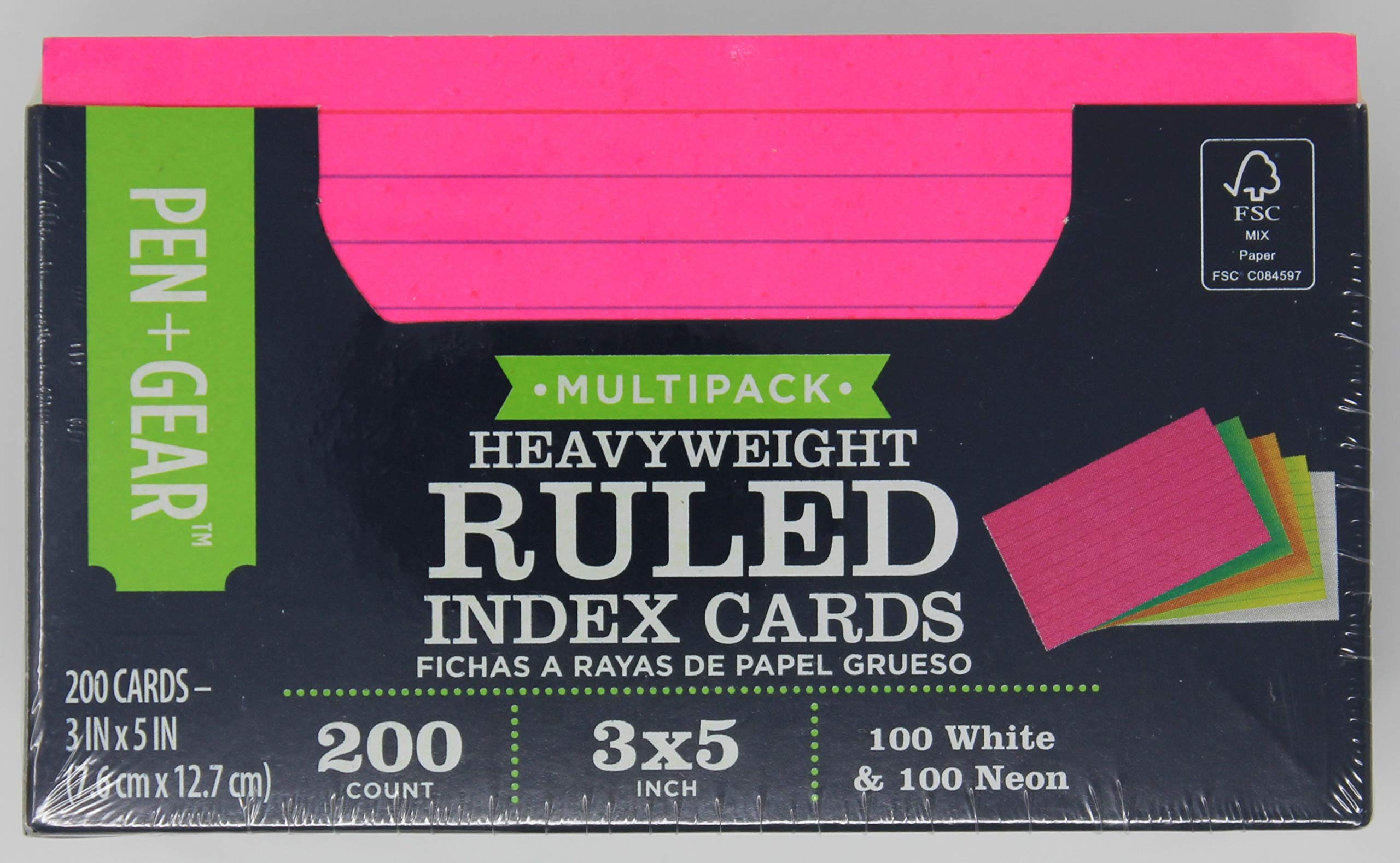 Heavy Weight Ruled Index Cards 5 x 3 inches, 200 count, (100 White & 100 Neon)