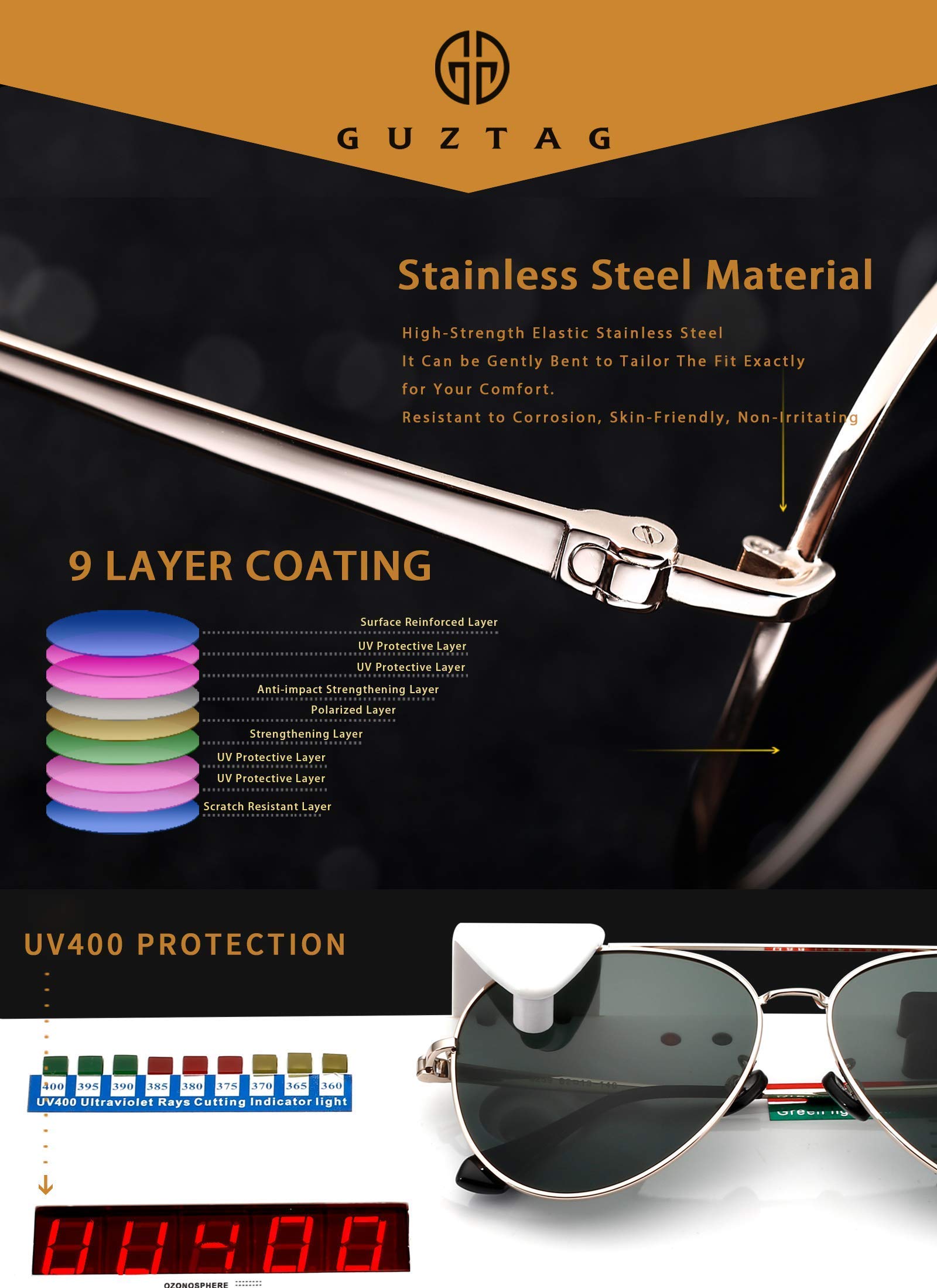 Guztag Classic Aviator Polarized Sunglasses For Men UV400 Protection Lens Stainless Steel G8259 (black & dark gray)