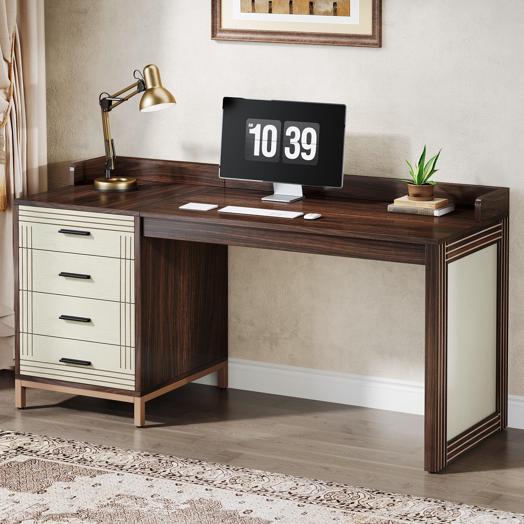 Tribesigns 61-Inch Computer Desk with 4 Drawers, Mid-Century Modern Office Desk with Storage, Wood Study Writing Table for Home Office, Study Room, Bedroom, Brown & Beige
