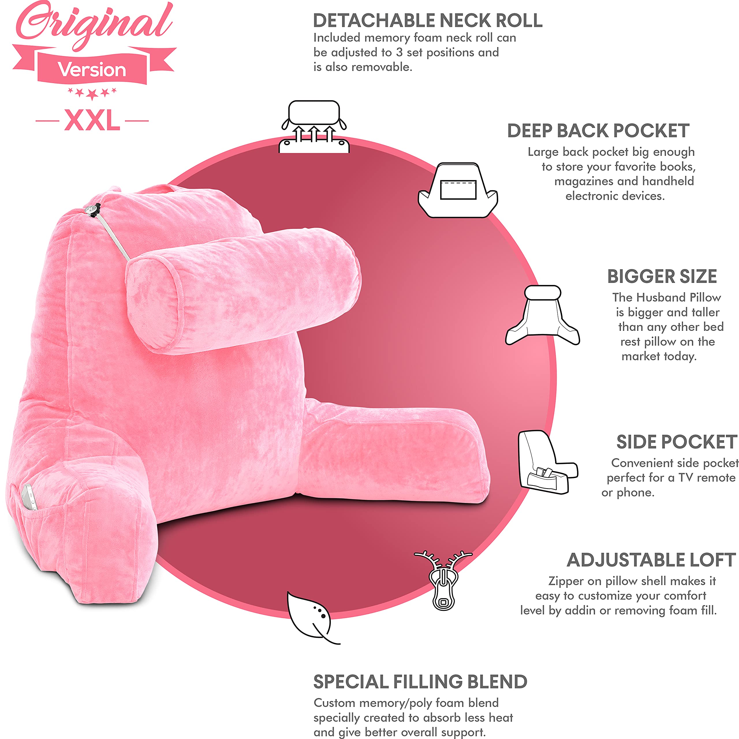 Husband Pillow Combo - Backrest Pillow with Arms : XXL Pink & Lap Desk Bed Tray : Grey - Memory Foam Reading Pillows for Bed w/Removable Neck Roll & Laptop Bed Tray Table