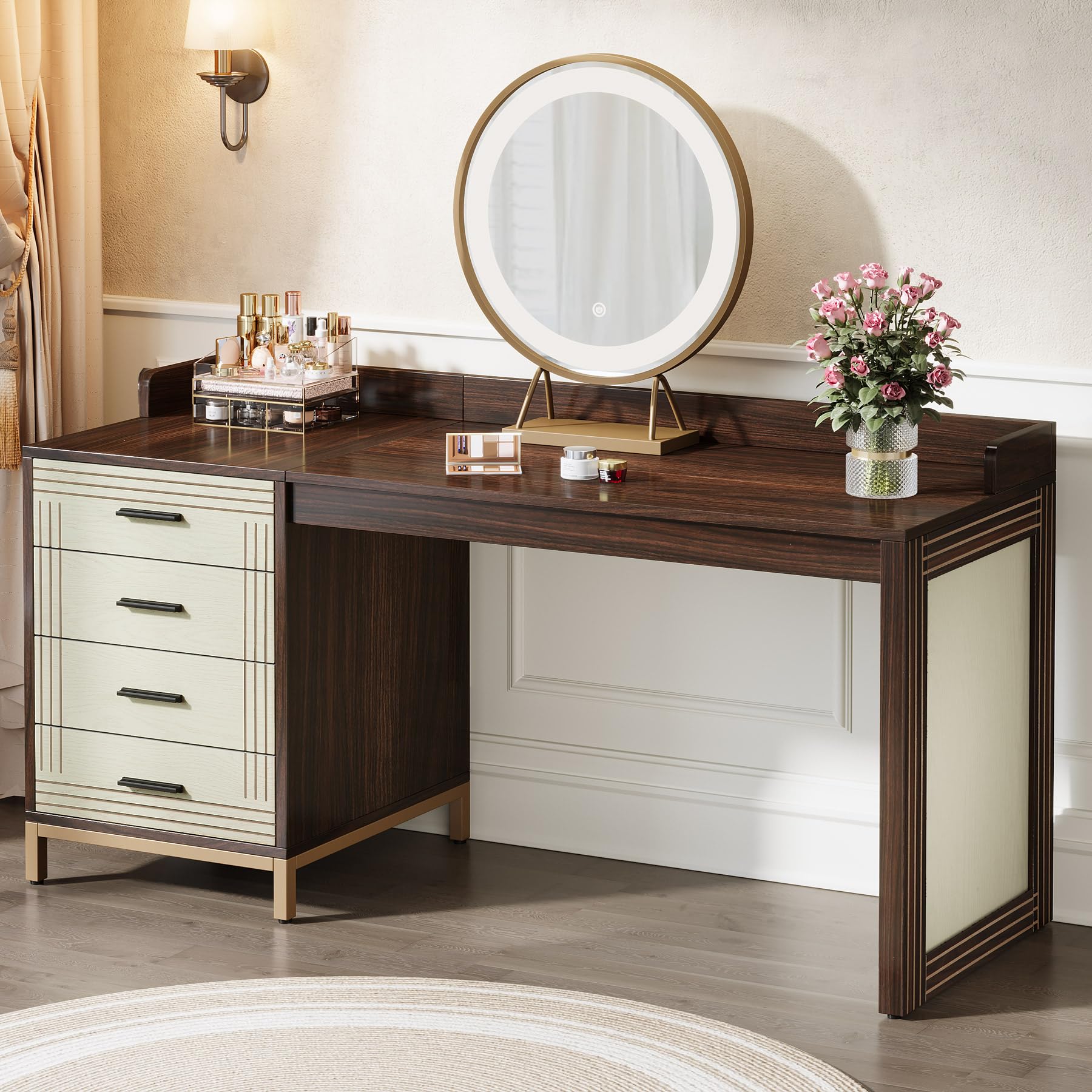 Tribesigns 61-Inch Vanity Desk with 4 Drawers, Mid-Century Modern Makeup Vanity Table, Wood Dressing Table for Bedroom, Brown & Beige (Table Only)