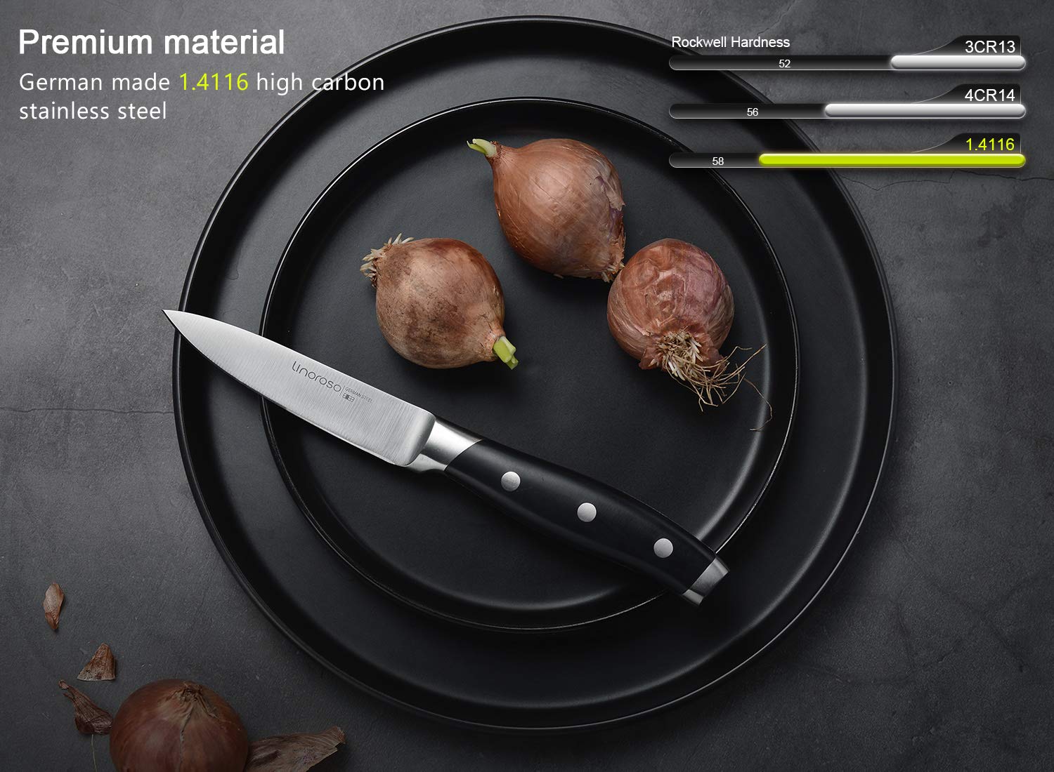 linoroso Paring Knife 3.5 inch Small Kitchen Knife with Dishwasher Safe Plastic Cutting Boards for Kitchen, Sharp Forged German Carbon Stainless Steel Fruit Knife with Defrosting Tray Set of 3