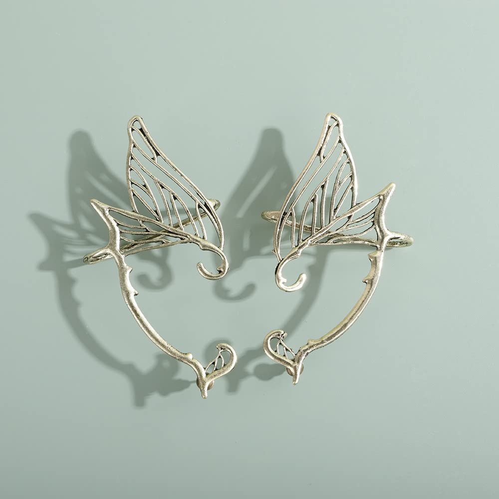 Jumwrit Elven Ear Cuffs Goth Elf Fairy Earrings Hollowed Ear Clips Fantasy Cosplay Earrings Cuff Wrap Earrings Vintage Stud Earrings（Gold）