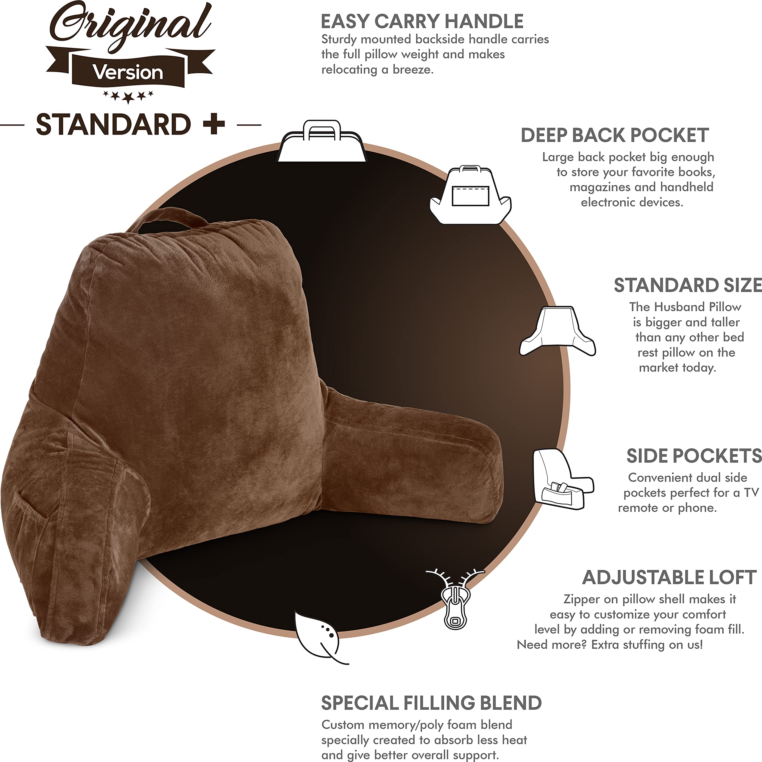 Husband Pillow Combo - Backrest Pillow with Arms : Standard Chocolate & Lap Desk Bed Tray : Pink - Memory Foam Reading Pillows for Bed & Laptop Bed Tray Table
