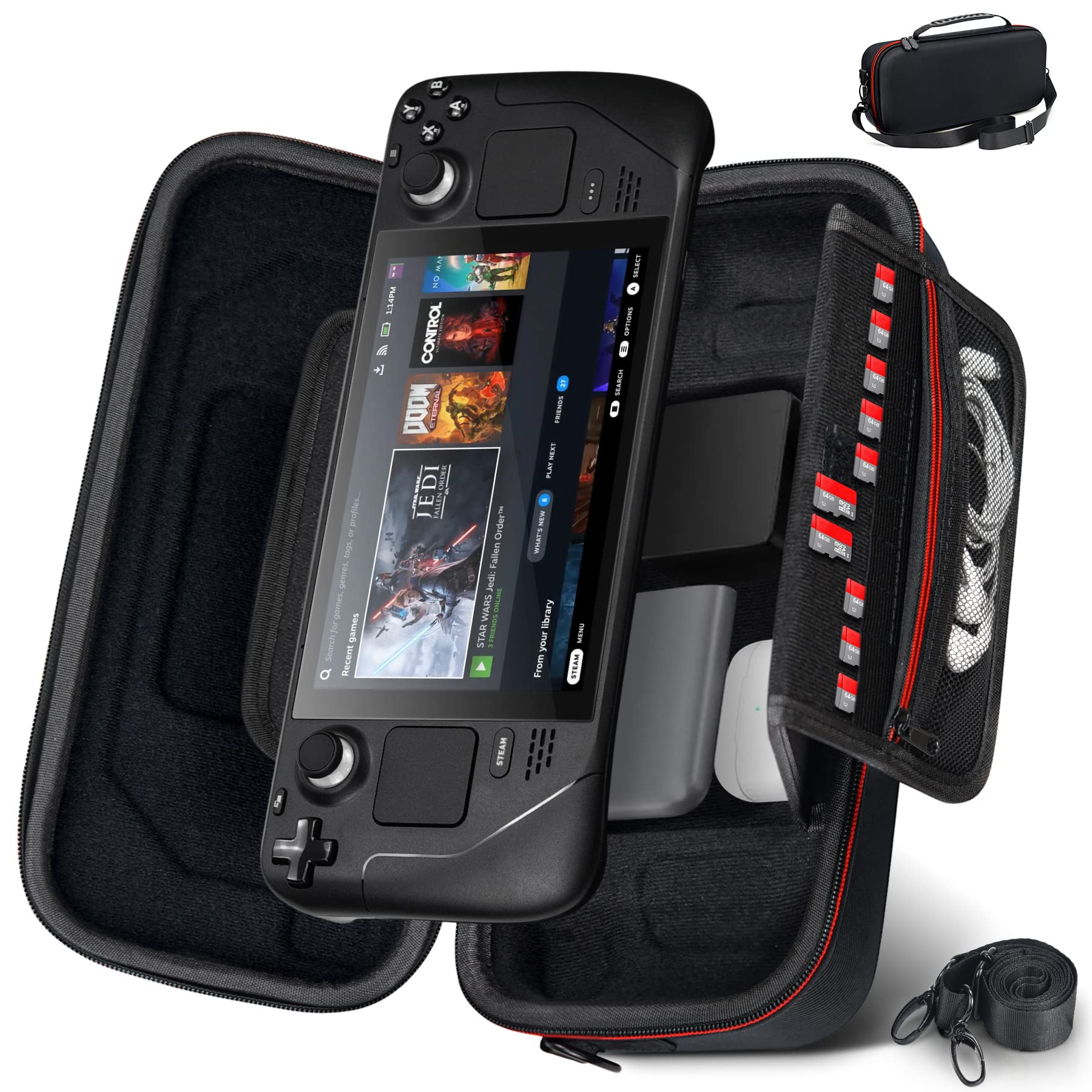MENOLY Steam Deck Carrying Case, Steam Deck Case Bag with Shoulder Strap, Built-in Larger Storage and Game Stand Design, Portable Travel Case for Steam Deck Console & Accessories