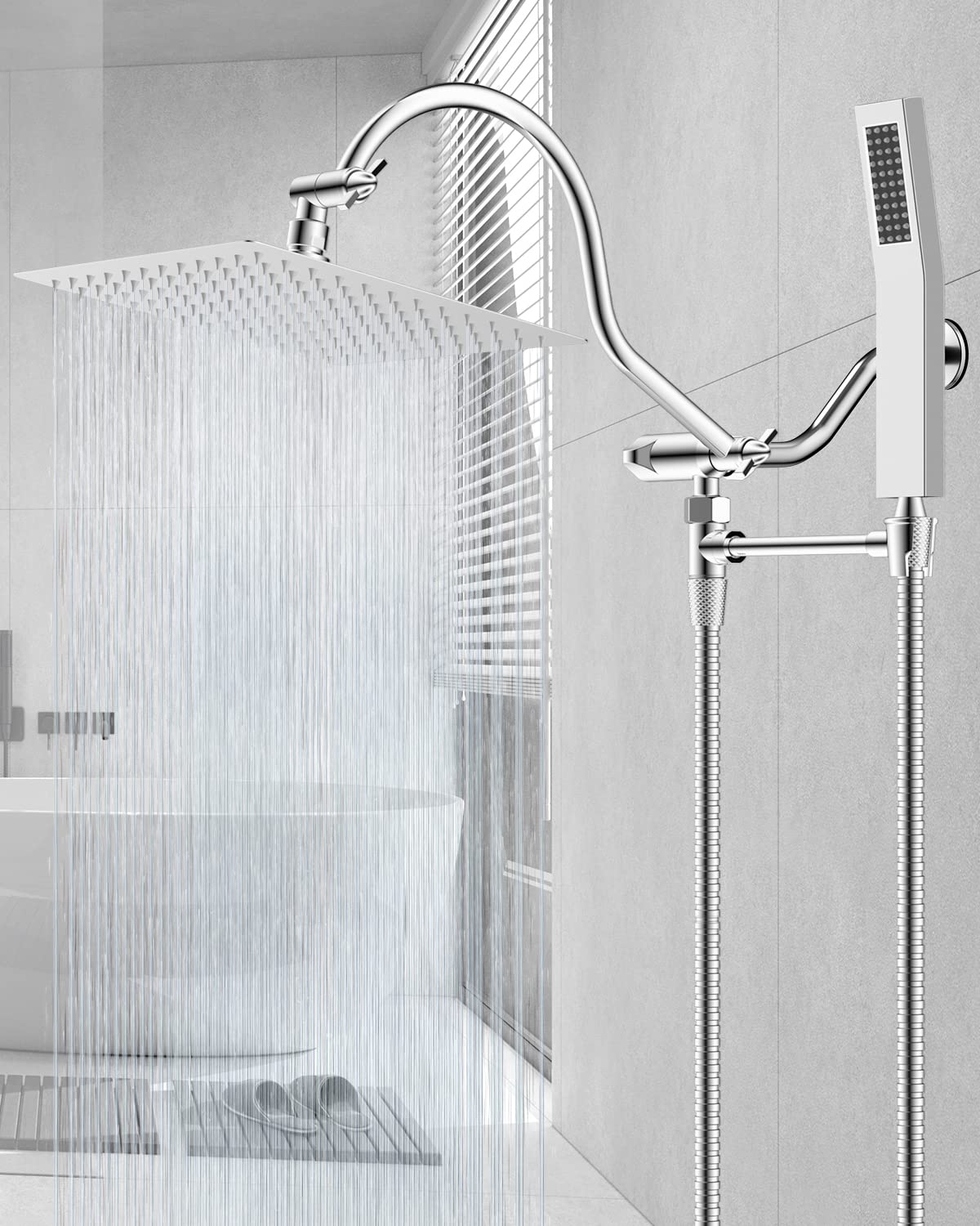 Hibbent All Metal Shower Head, 10'' High Pressure Rainfall Shower Head, Showerhead Combo/Handheld Shower Wand, 12'' Adjustable Curved Shower Extension Arm, 71'' Hose, 2 Shower Head Holders, Chrome