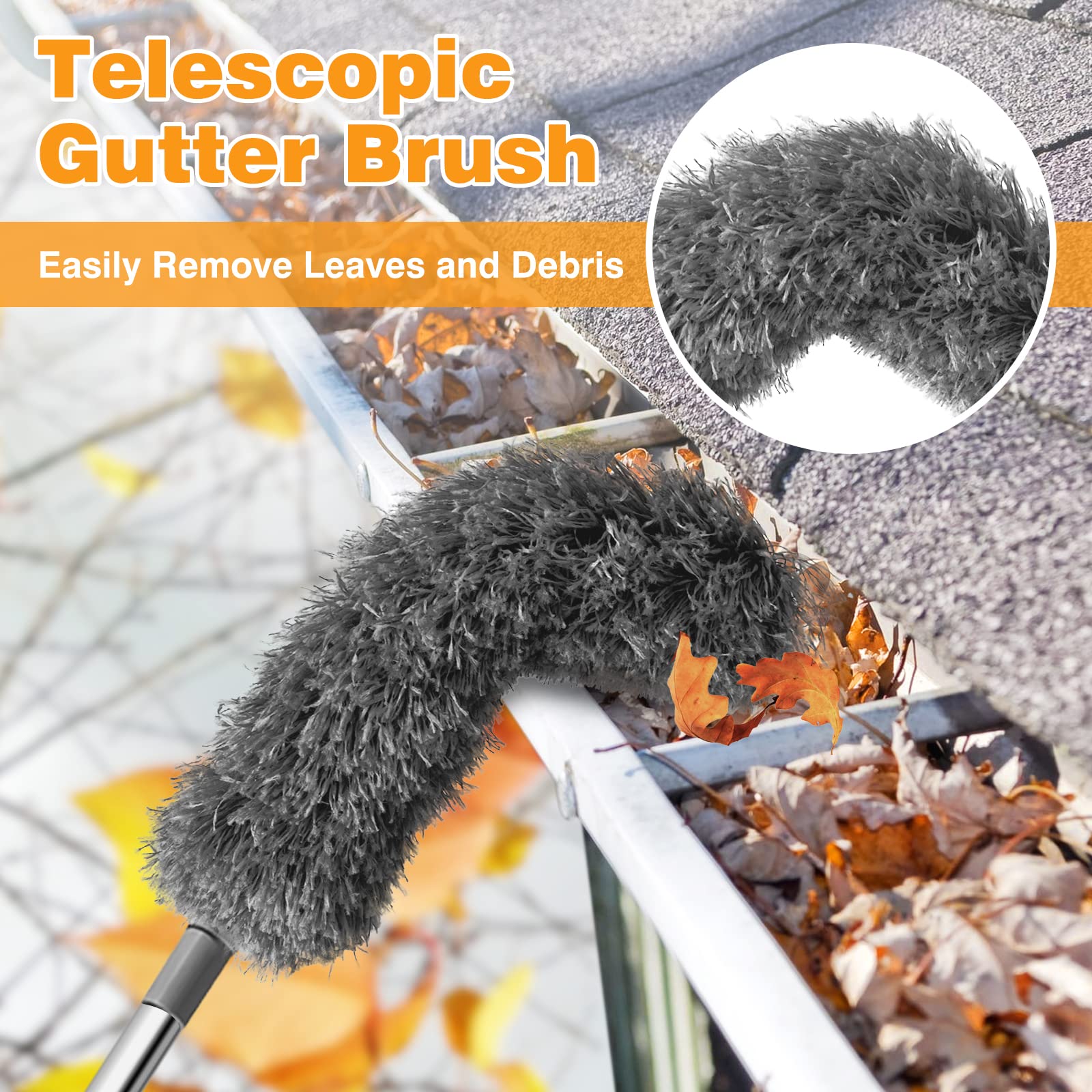 Gutter Cleaning Brush Roofing Tool with Telescopic Extendable Telescopic Pole 8.2ft Guard Cleaner Tool Easy Remove Leaves and Debris from The Groun Gray