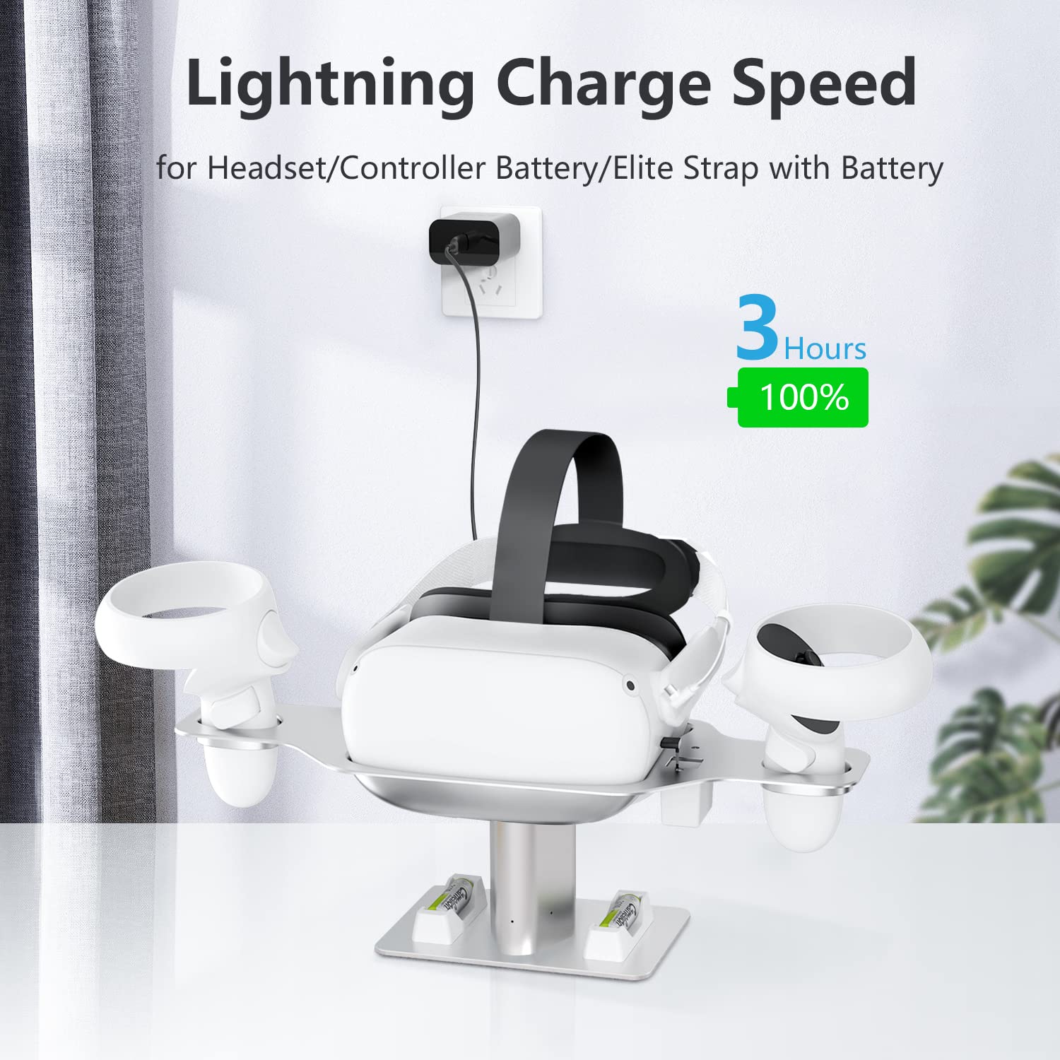 Mavicen Metal Charging Dock for Oculus Quest 2 and Elite Strap with Battery,Charging Station Stand Set:Headset Display Stand and Controller Mount,4 Rechargeable Batteries