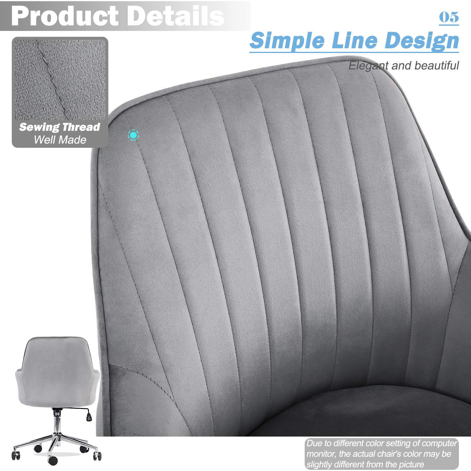 Jacky Home Velvet Office Desk Chair with Mid-Back, Modern Height Adjustable 360° Swivel Upholstered Computer Task Chair with Arms and Wheels for Study Room Living Room Bedroom (Grey)