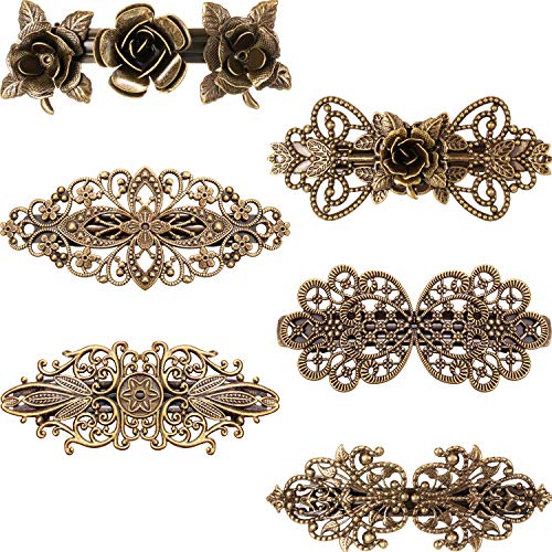 Geyoga 6 Pieces Vintage Hair Barrettes for Women Retro French Flower Clips Metal Bronze Hair Pins for Women Hair Styling Accessories