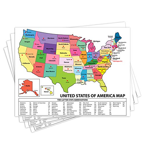 United States Map - USA Poster, US Educational Map - With State Capital - for Ages Kids to Adults- Home School Office - Printed on 12pt. Glossy Card Stock | Bulk Pack of 10 | 8.5 x 11 Inches